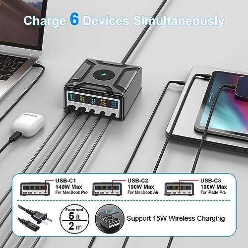 260W USB C GaN Charger, Ubigbuy 140W 5-Port PD3.1 USB C Charging Station,Desktop Wireless USB C Laptop Charger Portable Travel USB C Power Adapter Block for MacBook Pro Air iPad Pro iPhone Samsung