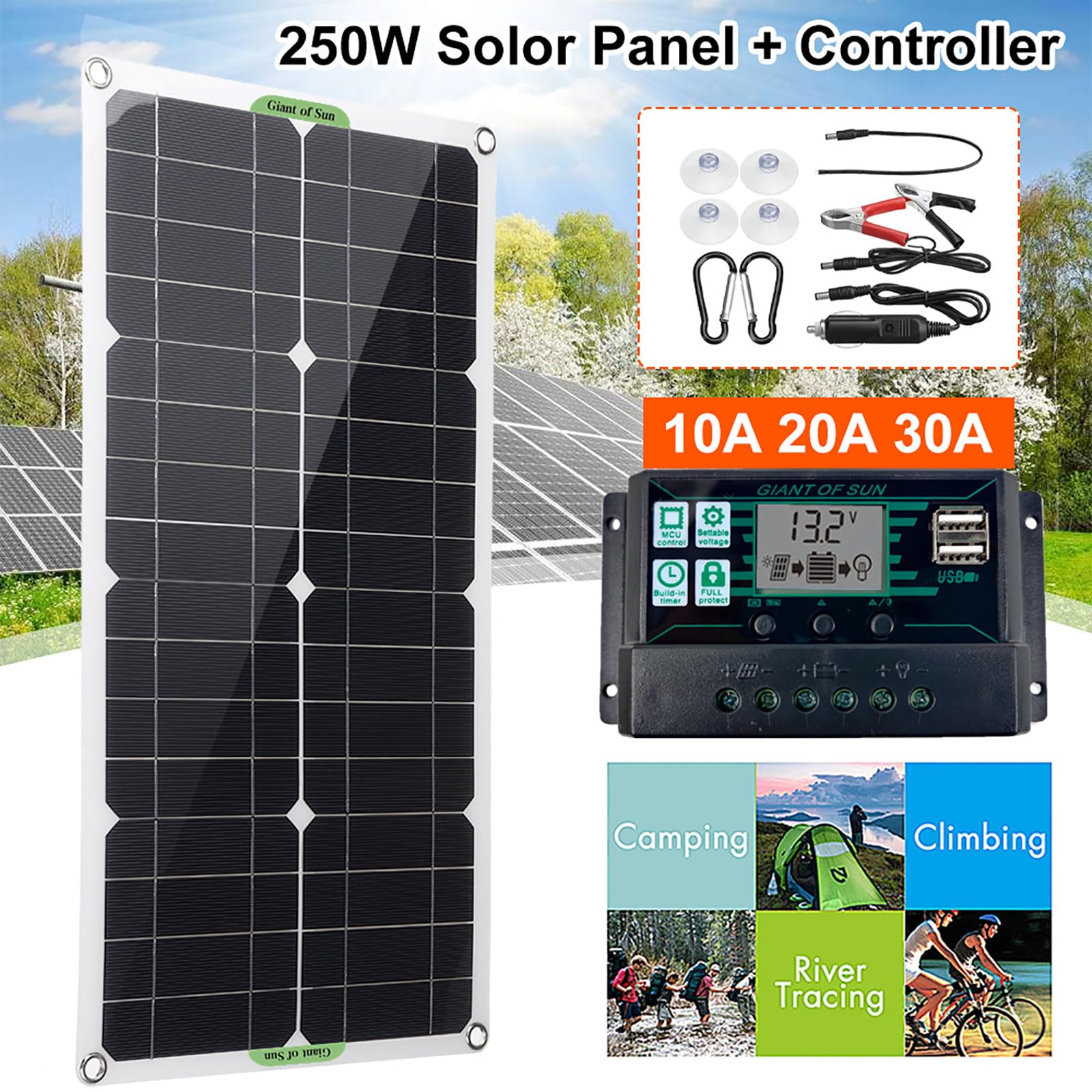 250w 500w Portable Monocrystalline Solar Panel with 10a/20a/30a Controller, Dual USB, Can Be Used for 12v/24v Battery Charging, Waterproof and Dustproof,500W-30Acontroller