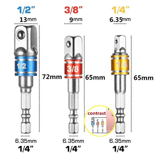 3Pcs 1/4" 3/8" 1/2"Hex Socket Adapter Drill Bits Set,Impact Grade Socket Wrench Adapter Extension Set,105°Right Angle Drill Bit Adapter Attachment 1/4" Drive Hex Magnetic Bit Socket Screwdriver Drill