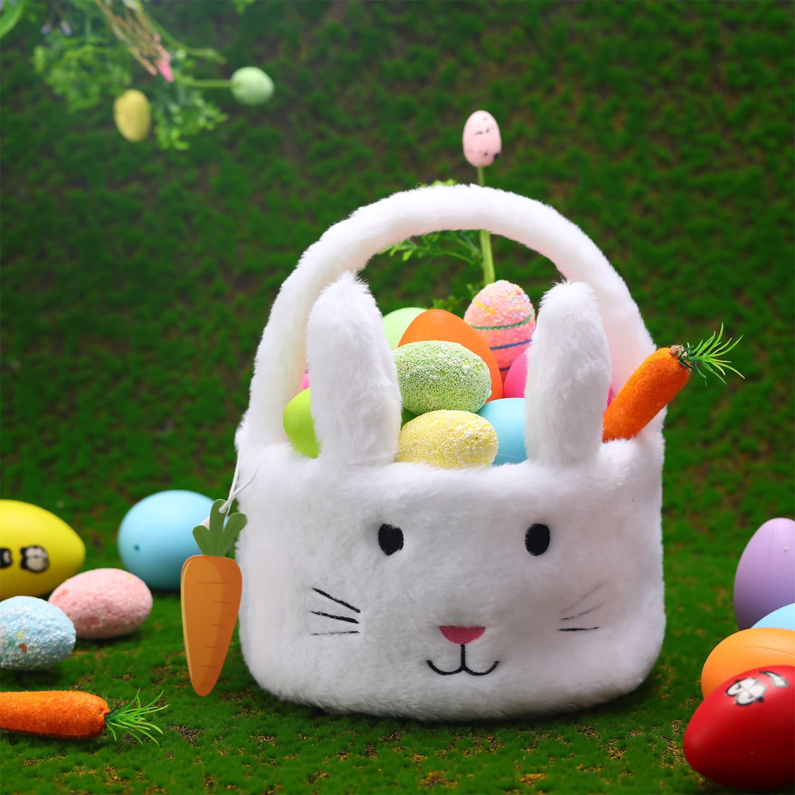 4 Pcs Easter Bunny Basket for Kids Cute Plush Rabbit Basket with Handle Foldable Ears White Basket with Carrot Name Card for Baby Girl Boy Easter Egg Hunt, 9.84 x 7.87 Inch