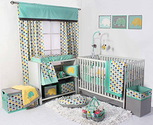 Bacati Elephants Unisex Activity Gym with Mat, Mint/Yellow/Grey