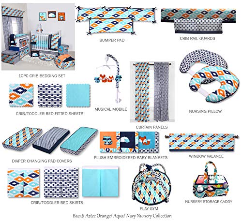 Bacati Liam Aztec Kilim Cotton Percale Crib/Toddler Bed Fitted Sheets 2 Piece, Aqua/Orange/Navy