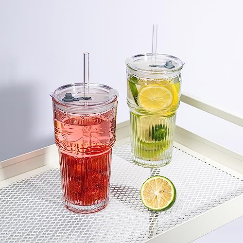 BLUEPOLAR 20oz/600ml Glass Cups With Lids and Glass Straws ,Thick Wall Iced Coffee Cup Glass Cup for Water, Iced Tea Fruit Juice Etc(Clear,2 Pack)
