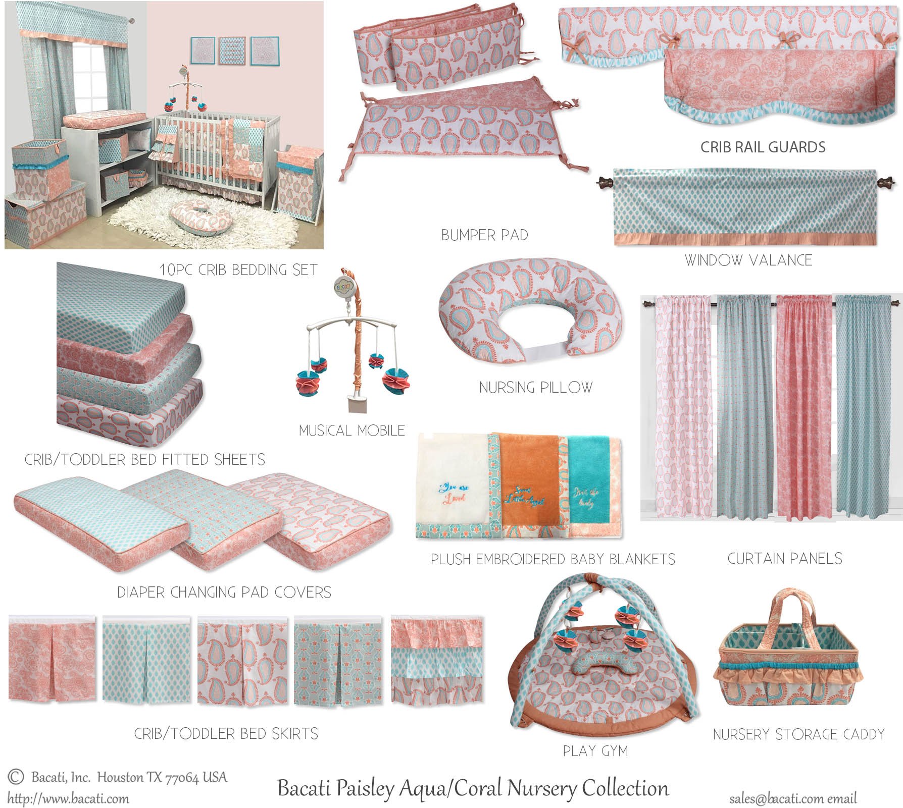 Bacati Sophia Paisley Fabric Memory/Memo Photo Bulletin Board, Coral/Aqua