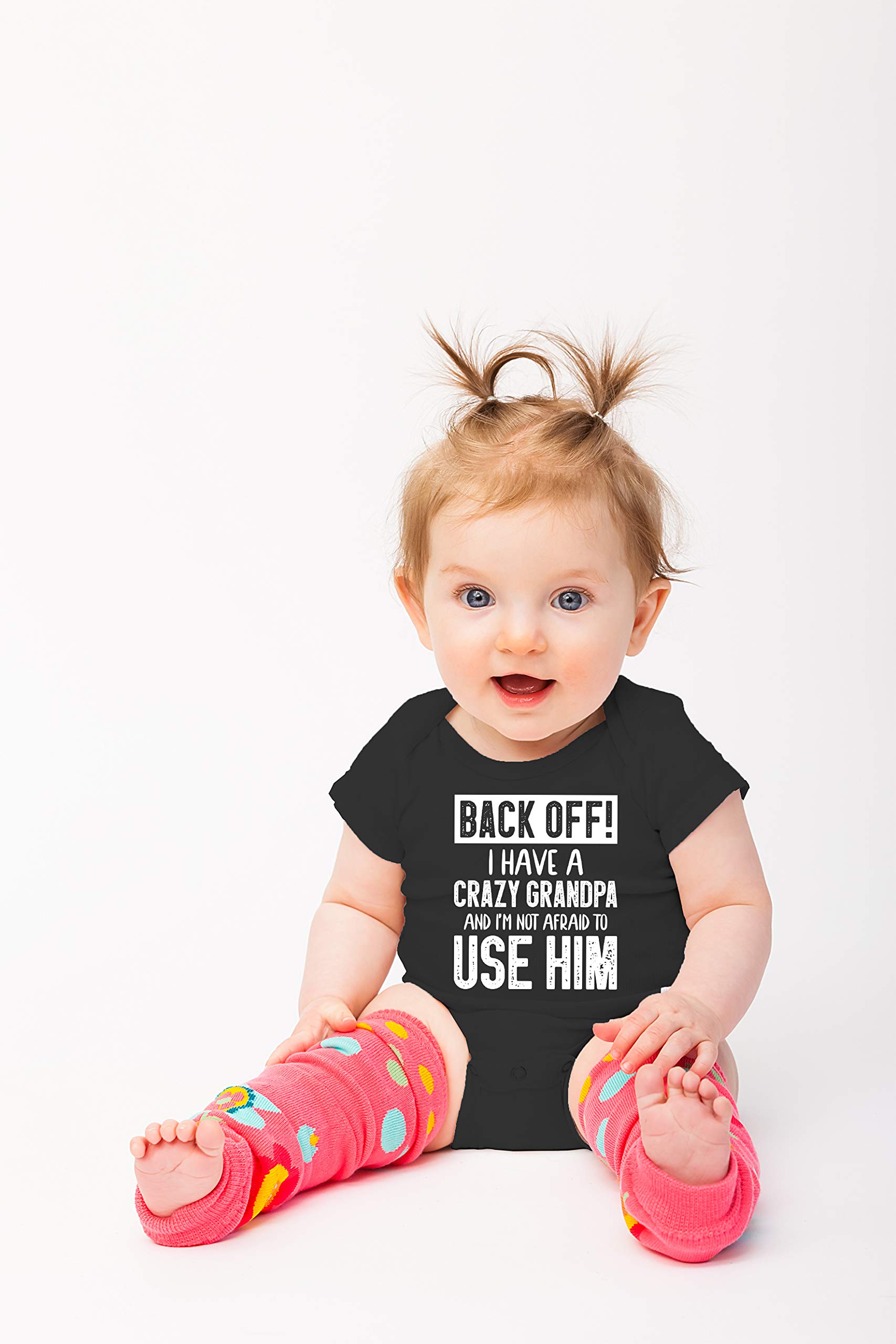 Back Off !! I Have a Crazy Grandpa and I'm Not Afraid To Use Him - Funny Baby Essentials Romper (6 Months, Black)