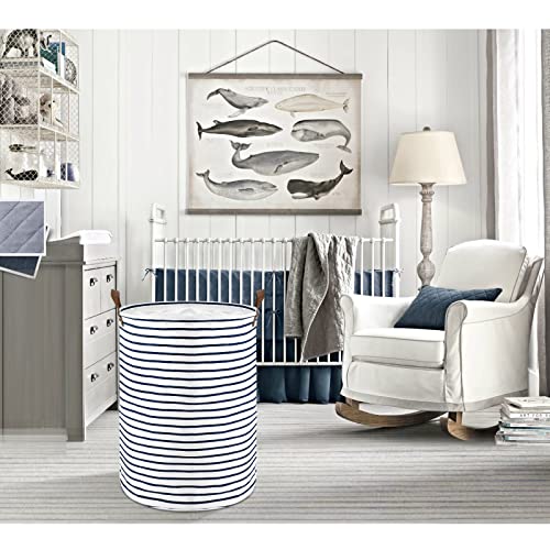 DOKEHOM 17.7-Inches Freestanding Laundry Basket with Lid, Collapsible Large Drawstring Clothes Hamper Storage with Leather Handle (Blue Stripe, M)