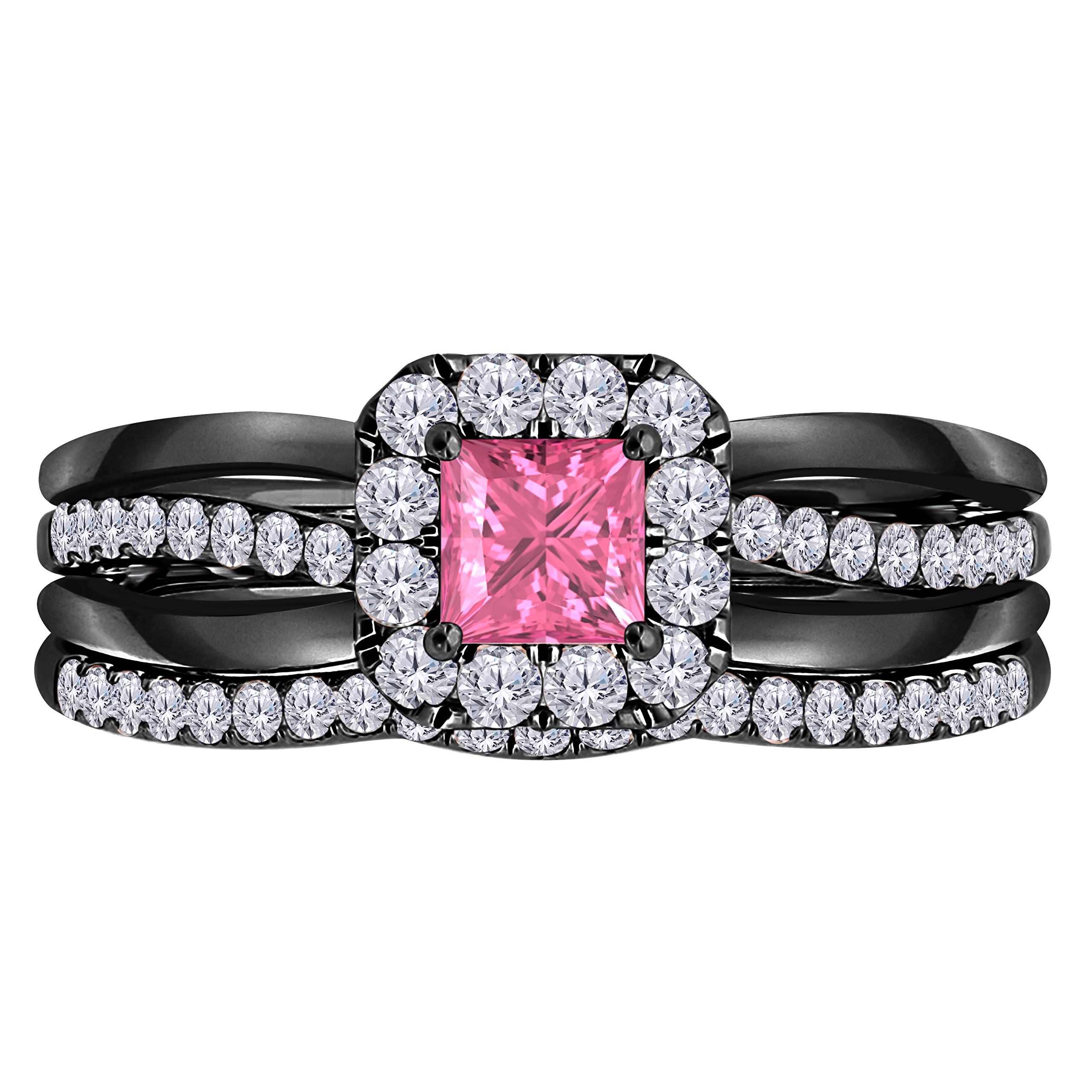 2.00 CT Princess Cut Created Pink Sapphire 14k Black Gold Rhodium Plated Split Shank Halo Style Wedding Engagement Ring Bridal Set