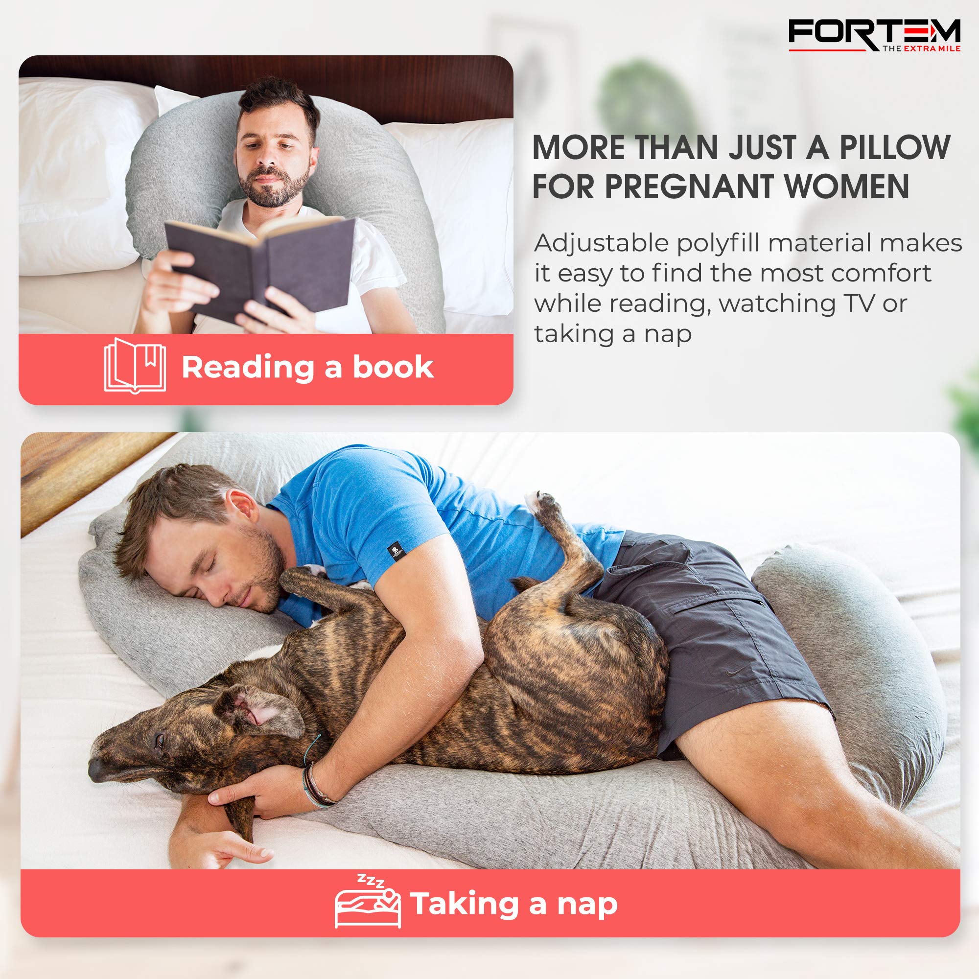 FORTEM Pregnancy Pillow for Maternity, C Shaped Full Body Pillow w/ Knee & Neck Support, Washable Cover