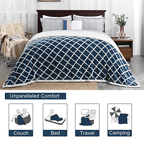 Basic Beyond Fleece Sherpa Throw Blanket - Soft Cozy Navy Blue Throw Blanket with 3D Jacquard Design for Couch,Bed,Travel,Camping,Navy Blue,50"x60"