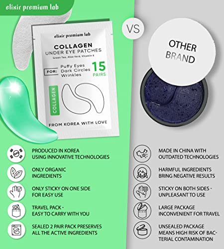 Elixir Premium Lab Collagen & Green Tea Under Eye Patches with Cooling Effect - Reduce Wrinkles, Dark Circles, and Under Eye Bags - 15 Pairs