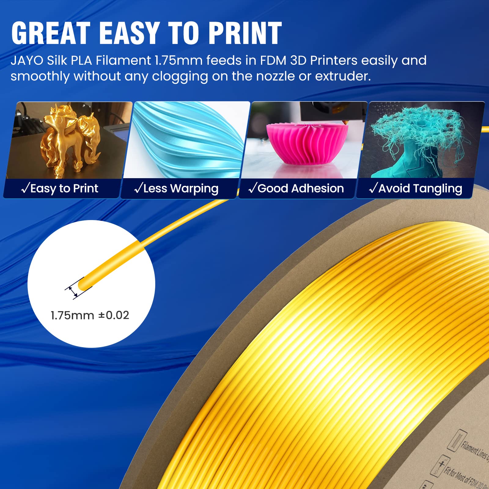 Silk Shiny PLA 3D Printer Filament 1.75mm, JAYO Silk PLA 0.65kg Spool 3D Printing Material, Silky Shine Surface, Neatly Wound Filament, Fits for Most FDM 3D Printers, Light Gold 650g