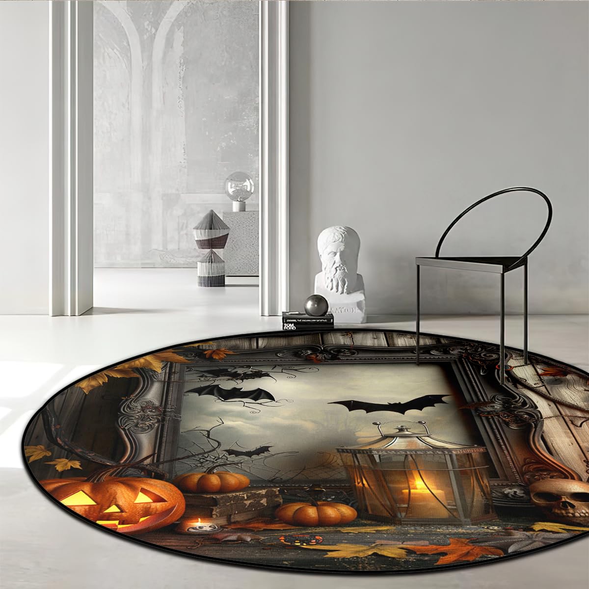 3D Pumpkin 4×4 Circle Area Rugs Halloween Round Rugs Lantern Maple Leaf 4Ft Ultra Soft Carpet,Horror Festival Themed Circular Rugs for Living Room Bathroom