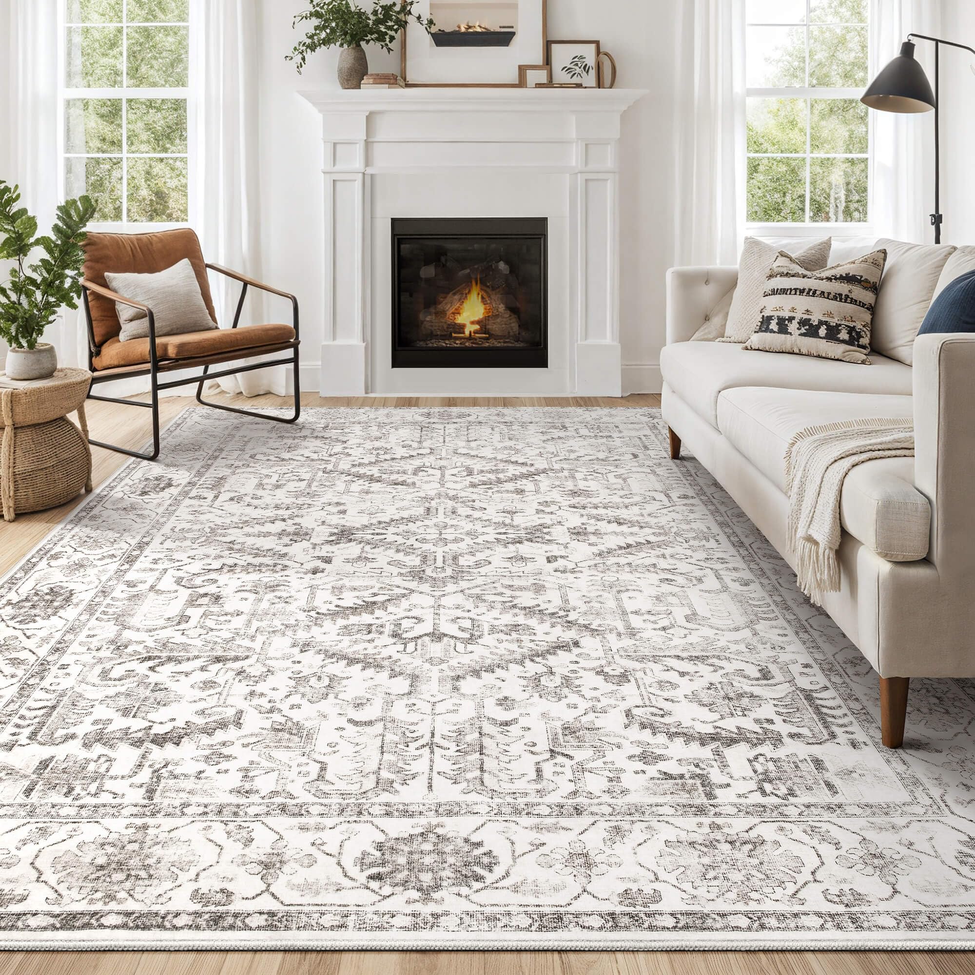 9x12 Area Rug for Living Room - Washable Soft Traditional Tribal Rug for Bedroom Dining Room Home Office, Non-Slip Stain Resistant Vintage Distressed Indoor Floor Carpet- White