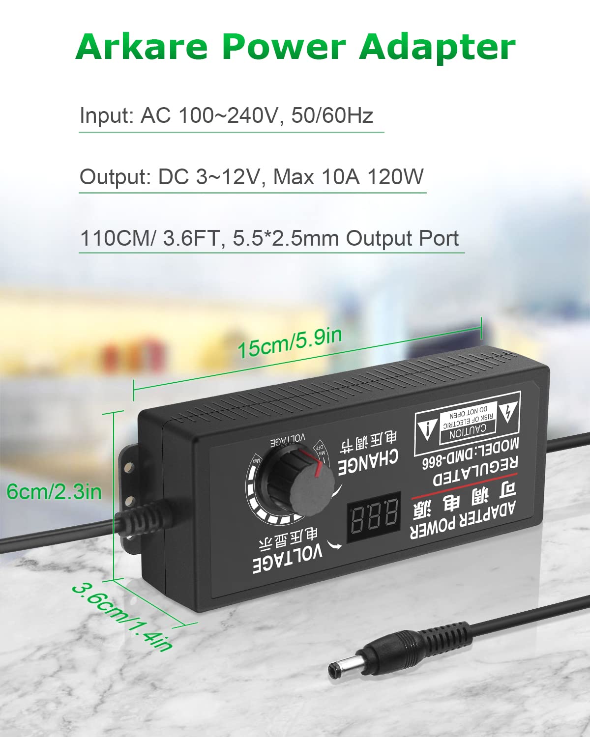 Arkare Universal Power Supply 120W AC Adapter Adjustable Power Adapter 4.5V 5V 9V 12V 10A 8A 6A 5A 3A 1A AC/DC AC 100-240V to DC 4~12V Multi Voltage Switching with 15 Tips & Polarity Converter