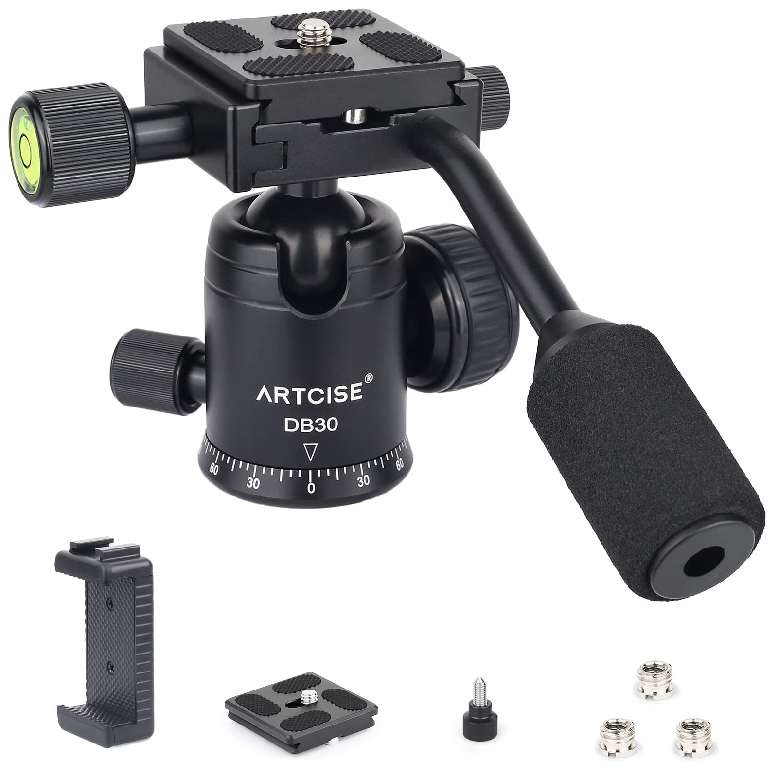 Ball Head with Handle All Metal CNC Panoramic Tripod Ball Head Camera Mount Ball Head with Two Quick Release Plates for Tripod, DSLR, Camcorder, Telescope,Max Load 22lbs/10kg(Black)