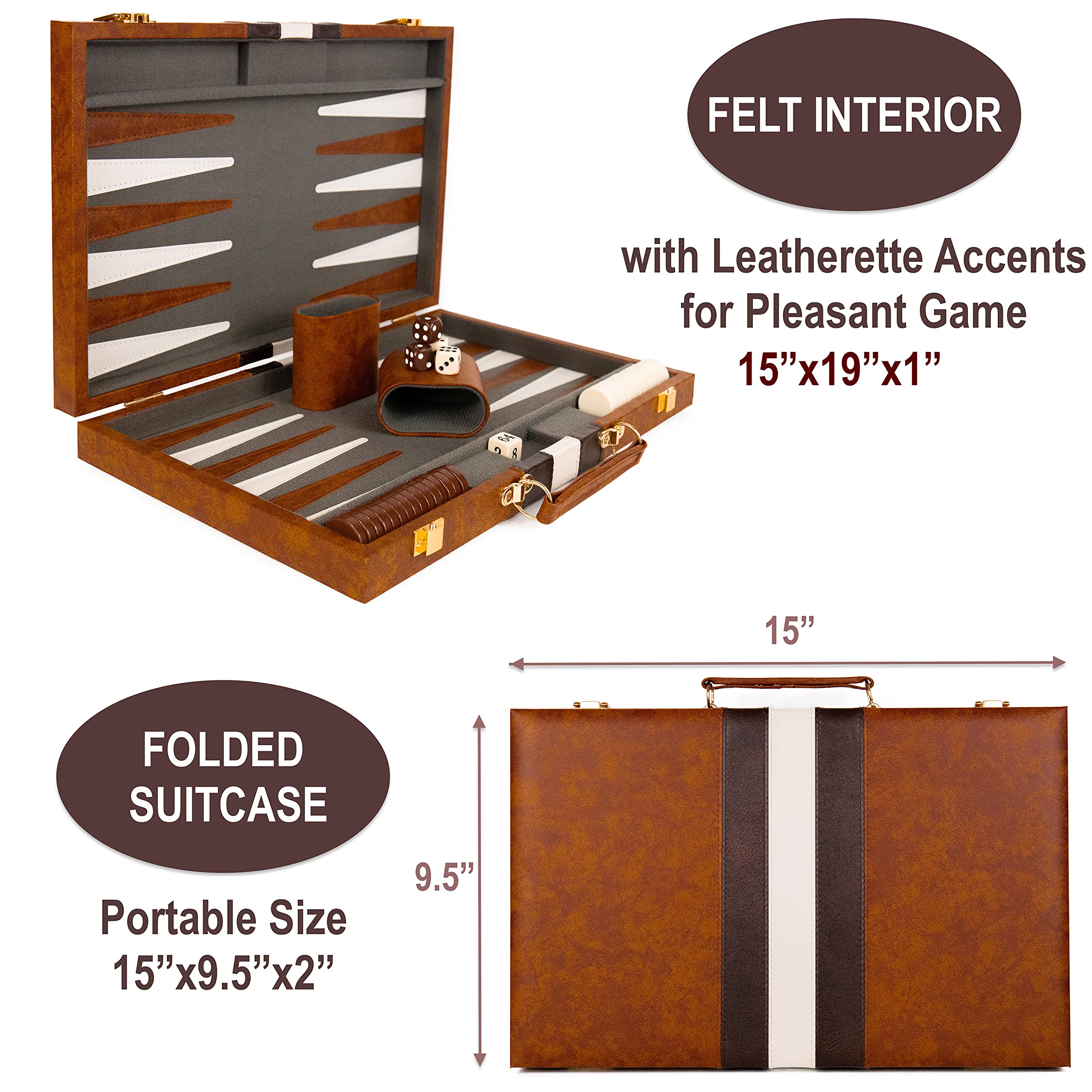 Backgammon Set - 15 Inch Classic Backgammon Board Game Sets Handheld - Backgammon Sets for Adults and Kids - Brown Faux Leather Case - Instruction