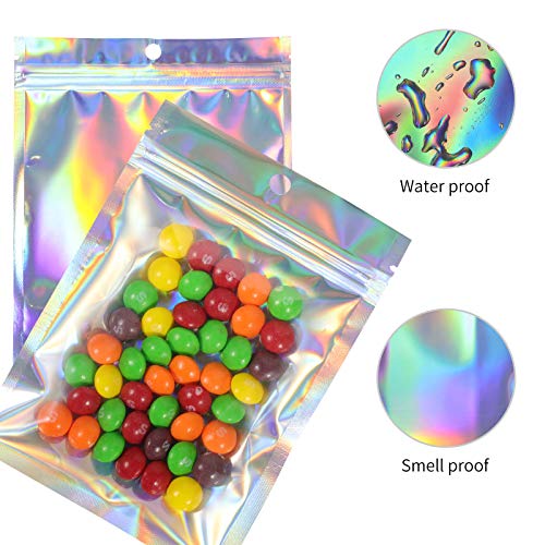 ISKYBOB 100 Pieces Resealable Mylar Zip Lock Bags Rainbow Flat Foil Pouches Smell Proof Food Storage Gift Package Supplies, L