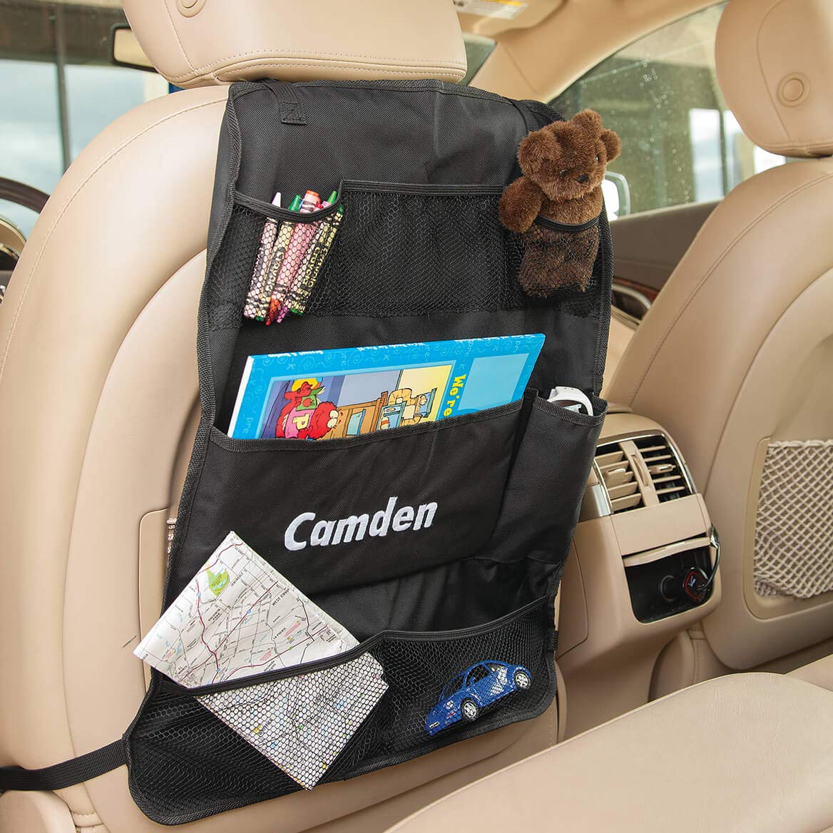 Fox Valley Traders Personalized Children's Back Seat Organizer with Storage Pockets, Customized Smart Travel Car Organizer, Black