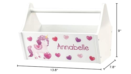 Fox Valley Traders Personalized Kids Wooden Toy Caddy, Customized Children’s Toy Storage Bin, Unicorn Hearts Design