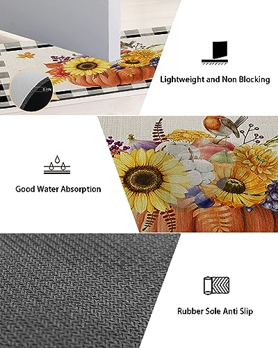 Bathroom Floor Shower Mat, Non-Slip Small Rugs - Easy to Clean, Thanksgiving Pumpkin Sunflower Maple Leaf Durable Bath Rug 16"x24" Washable Quick Dry Diatomaceous Earth Mats for Bathtubs