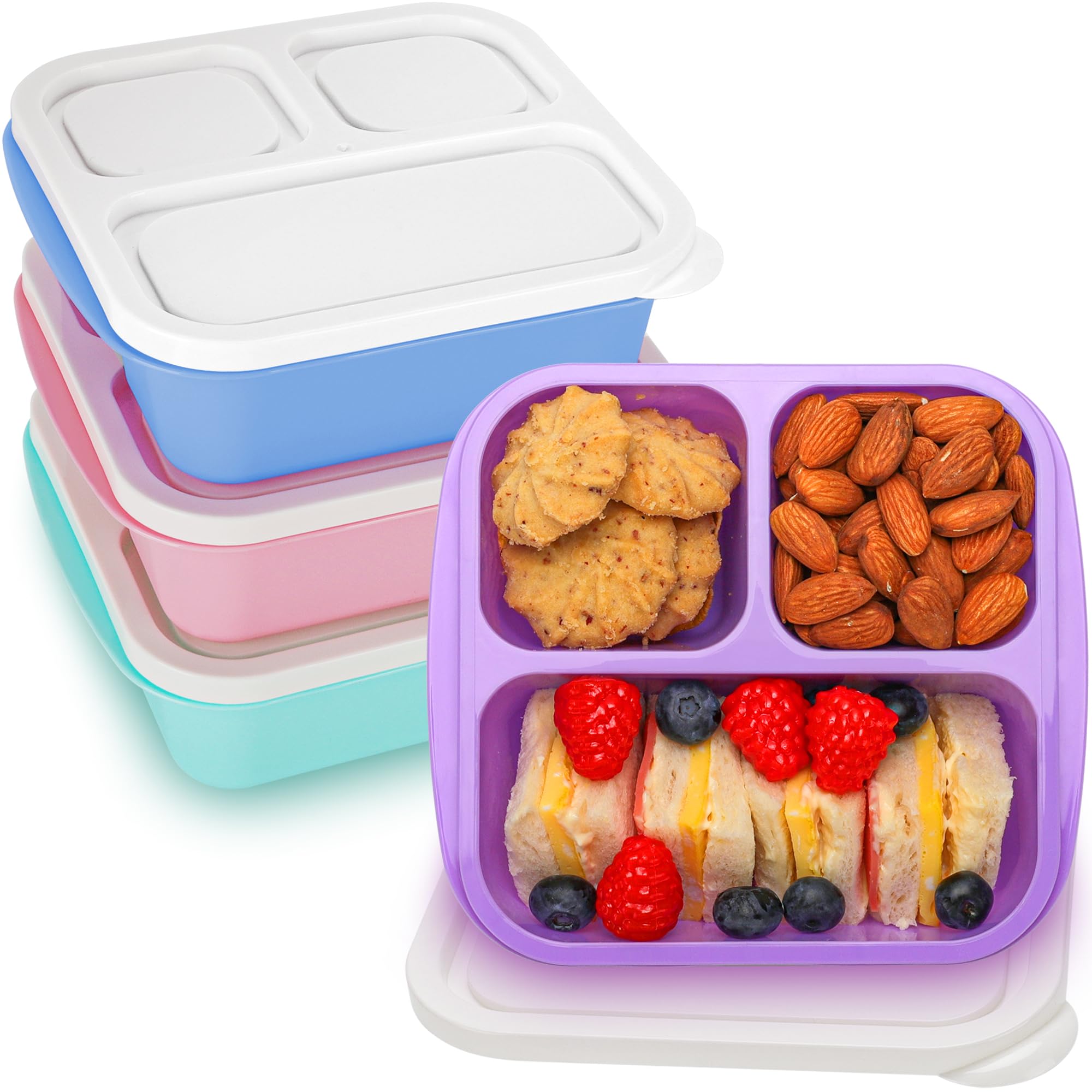 4 Pack Bento Box For Kids, 3 Compartments Bento Snack Box Meal Prep Containers For Adults, Lunchable Container for Kids, Reusable Food Storage Containers Snack Containers for School, Work, Travel