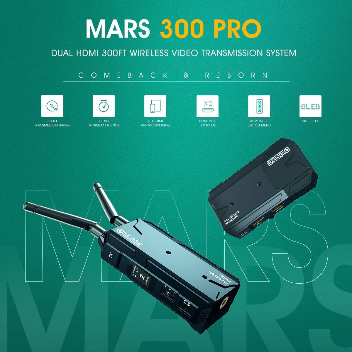 Hollyland Mars 300 PRO HDMI Wireless Video Transmitter Receiver Set with 300ft Long Range 0.08S Low Latency 1080P HD Real-time Monitoring Video Transmission (Enhanced)