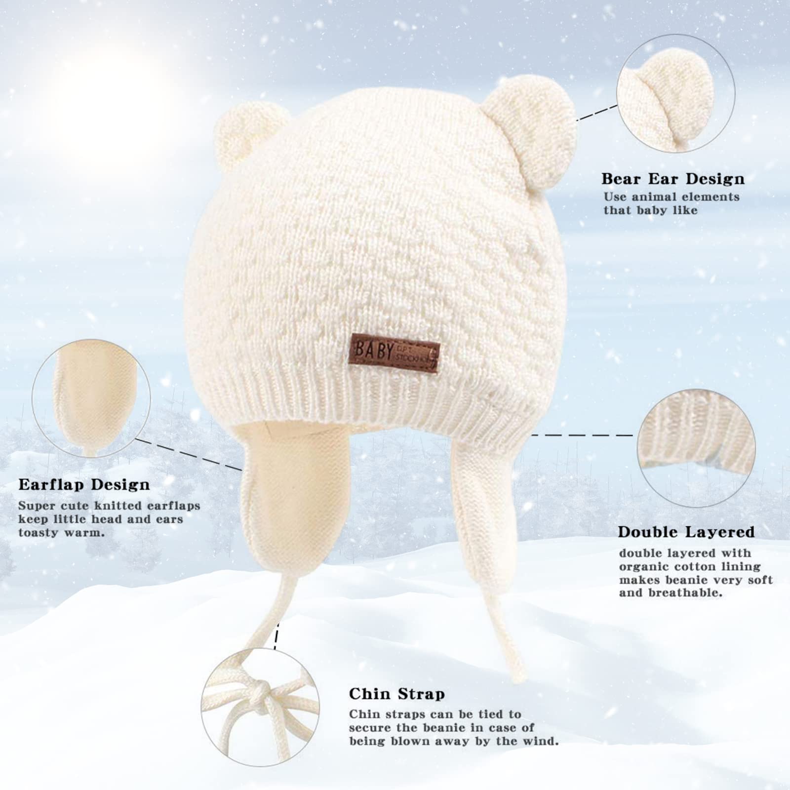 Bamery Baby Crochet Hat Infant Cute Bear Ear Beanie Toddler Boys Girls Earflap Hats for Fall Winter Warm Cap (Bear White, 0-6M)