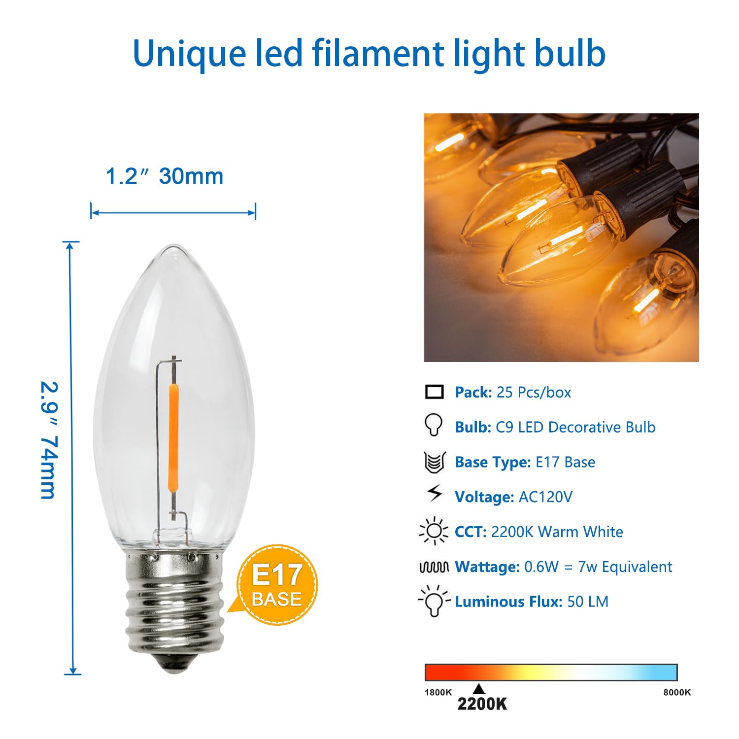 25 PACK C9 LED Christmas Light Bulb, C9 LED Replacement Bulb for Christmas String Lights, E17 Intermediate Base, 2200K Warm White, Commercial Grade Holiday Clear Plastic Bulbs Dimmable Shatterproof