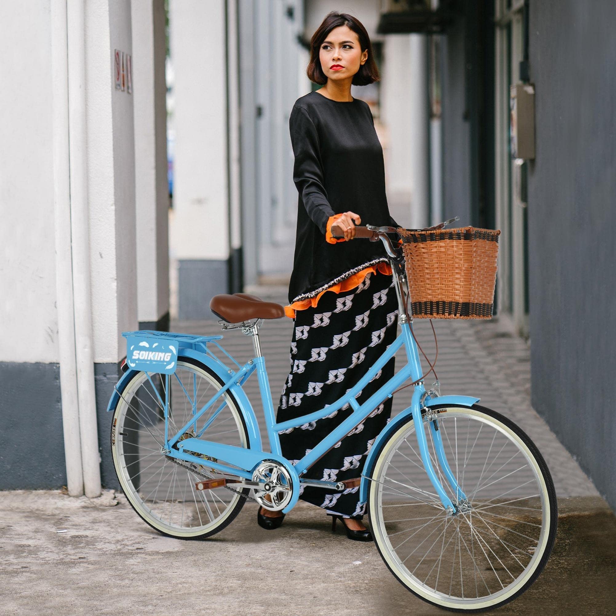 26-inch Single Speed Women's Comfort Bicycle Beach Cruiser Bicycle Comfortable Bicycle for Women Big Bike Seat Men (Black, 344)