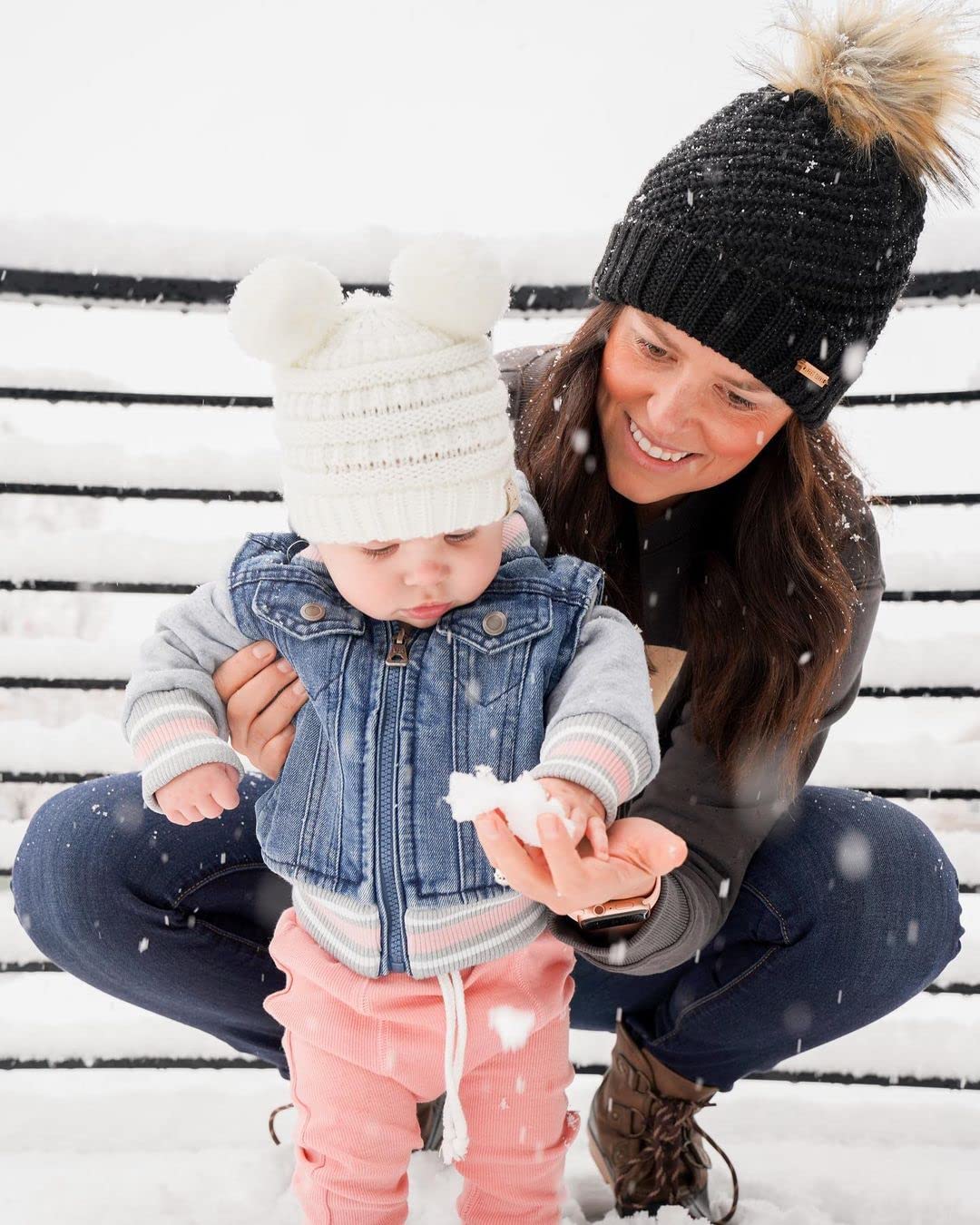 Funky Junque Exclusives Double Pom Baby Infant Beanie Knit Warm Winter Double Pom Pom Skull Cap Hat Ivory - Double Pom