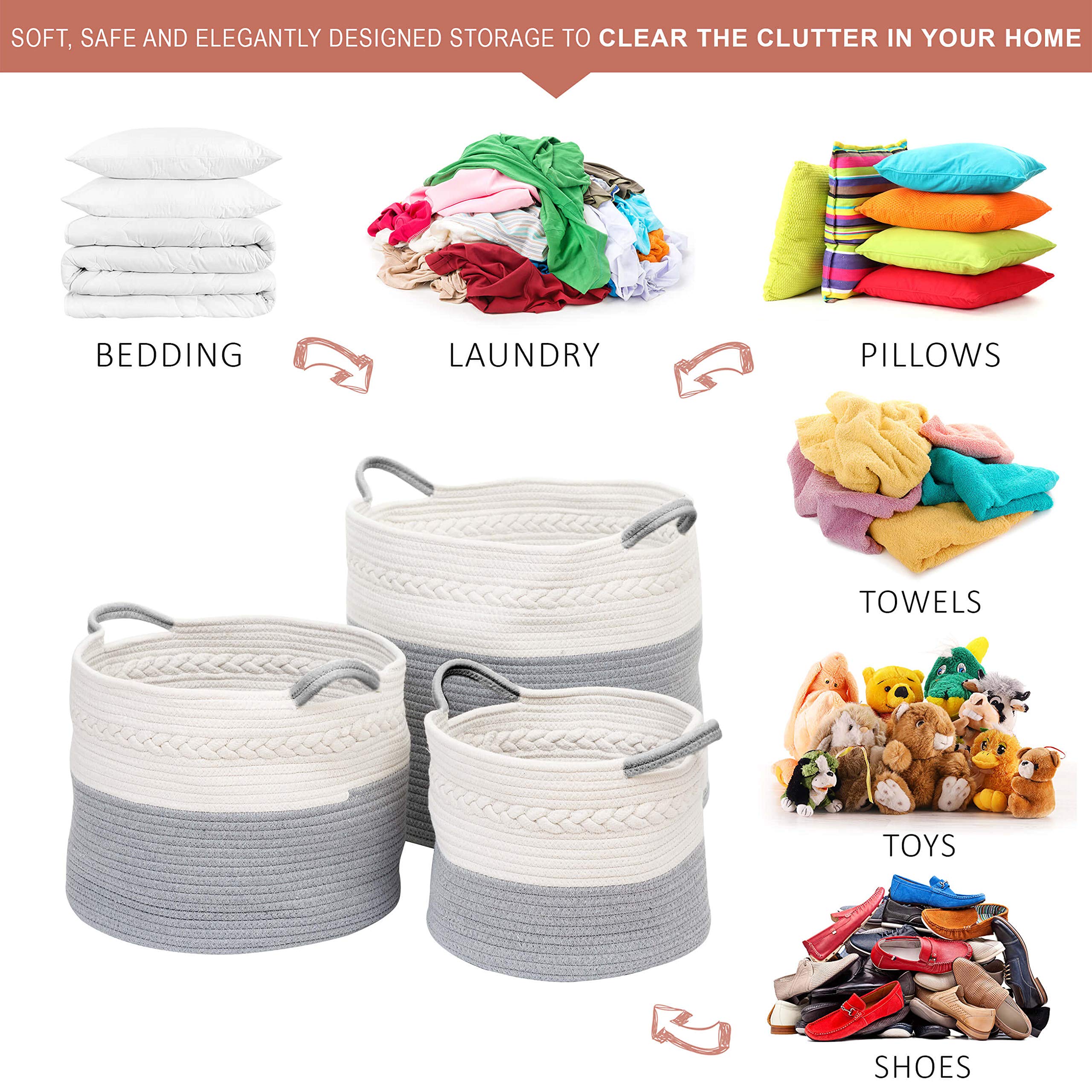 3 Pack Woven Rope Basket Set - Small Medium & Large Organic Woven White & Gray Cotton Rope Baskets, Durable Materials with Soft Rope Handles. Great for Laundry, Toys, Towels, Bedding & Nurseries