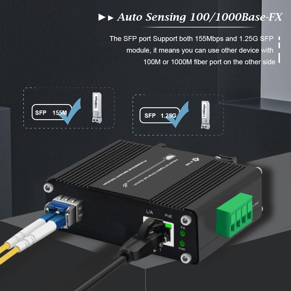 Mini Industrial 2 Ports Gigabit PoE Media Converter 12~48V DC Input Hardened 10/100/1000M 48V 30W PoE Ethernet to Fiber Optic Converter 802.3af/at Support 100/1000M SFP Module Auto Sensing