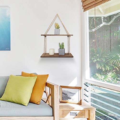Flexzion Wall Hanging Shelf for Plants, 2 Tier Floating Rope Shelves with Hooks, Boho Wall Decorations for Bedroom Bathroom Living Room Farmhouse Rustic Decor Display Shelf for Plant