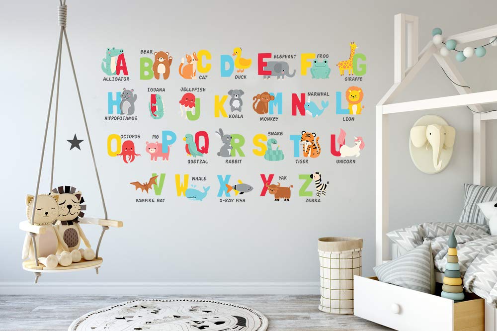 Mienno Alphabet Wall Decals, Animal Alphabet Wall Stickers for Kids Room, Nursery Room, Classroom, Removable Vinyl Animal Alphabet Stickers Decals