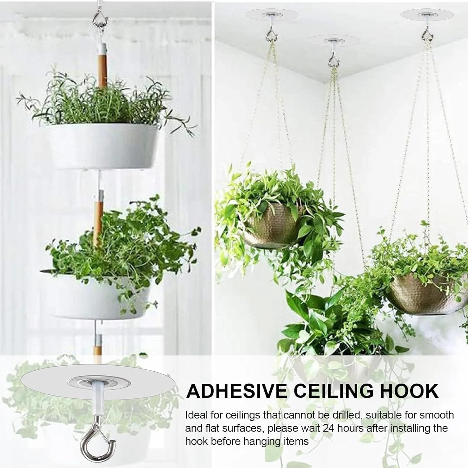 Adhesive Ceiling Hook - Weight-Bearing Stick-On Ceiling Hook, Sticky Ceiling Hook | Drill Free Hanging Ceiling Hook with Safety Clasp, Water Resistant Hook for Ceiling Plants Chimes,Home Storage Hooks
