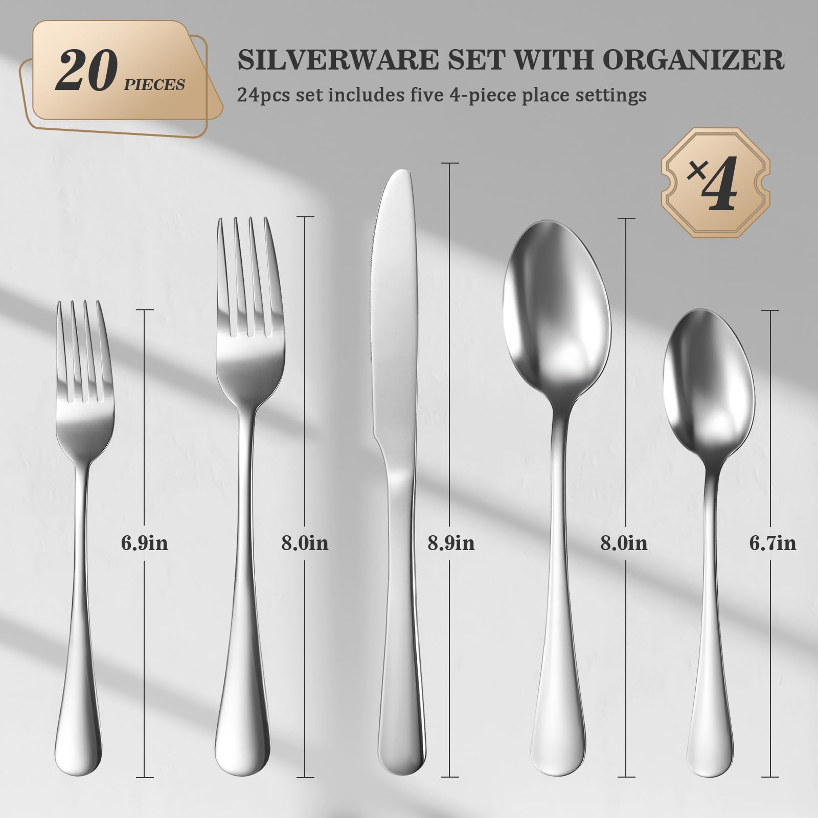 20-Piece Silverware Set with Organizer,Heavy Duty Stainless Steel Flatware Cutlery Tableware Set for 4,Includes 5-Compartment Silverware Tray with Cutlery Icons,First Apartment Kitchen Essentials