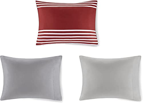 Comfort Spaces Full Comforter Sets with Sheets - Bed in a Bag 9 Pieces Teen Bedding Sets Full, Red and Grey Stripes Bedding Full, College Full Bed Set with 2 Side Pockets Bedroom Organizer