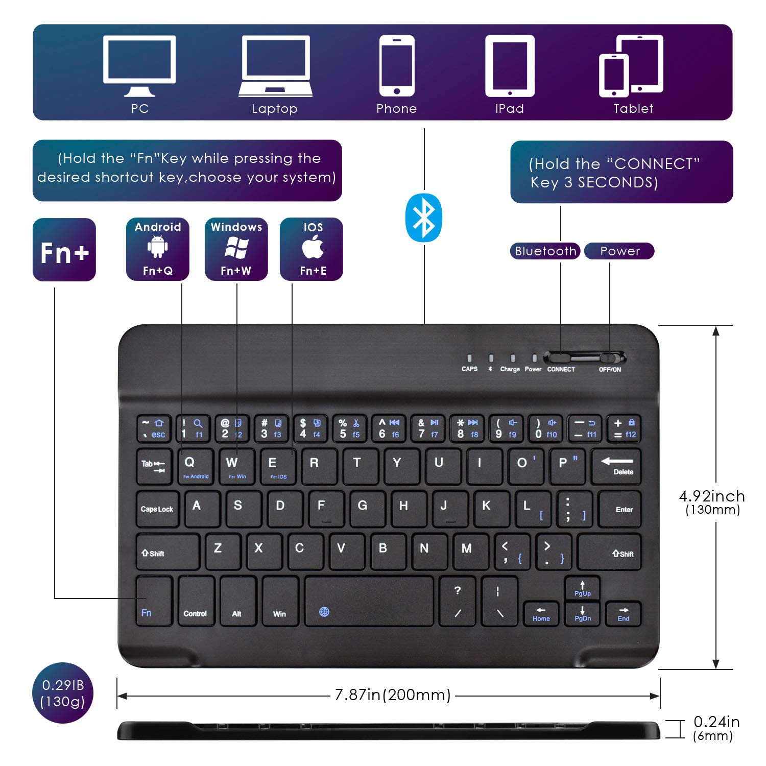 DETUOSI Universal 7.0 inch Android Tablet Case with Keyboard, Removable Wireless Bluetooth Keyboard + PU Leather Folio Book Cover + Stand, Travel Portable Sleeve for iOS/Android/Windows System Tablet
