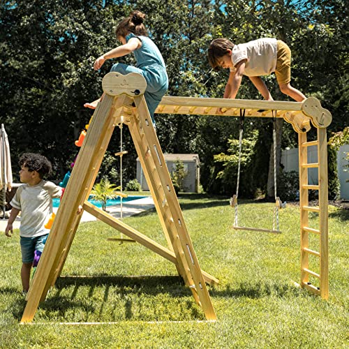 Avenlur Chestnut 7-in-1 Indoor and Outdoor Foldable Jungle Gym Playset for Kids Aged 2-6yrs with Slide, Rock Climb Wall, Climbing Ladder, Rope Net, Monkey Bars, Swing, and Ninja Ring - USA Company