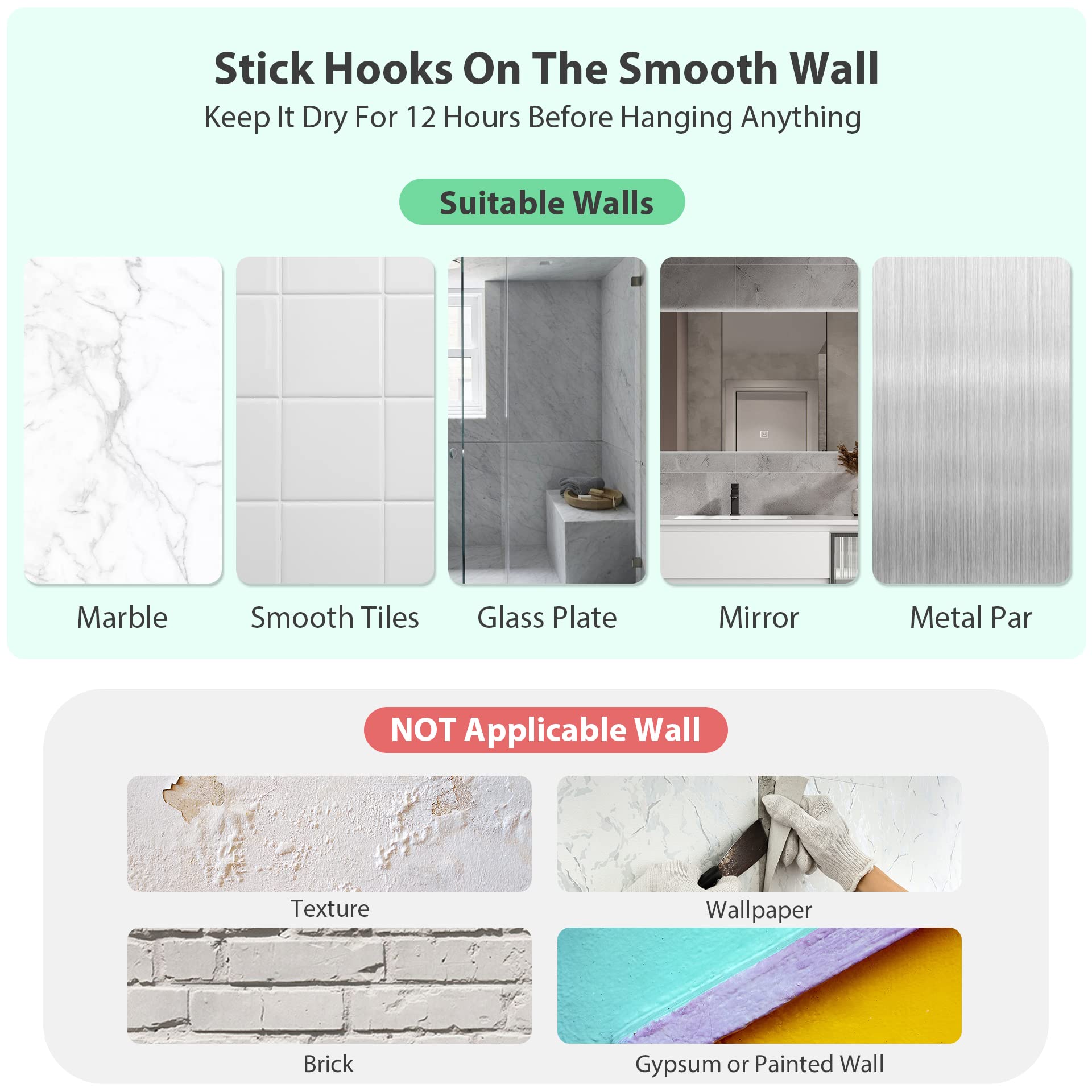 Adhesive Hooks, Hooks for Hanging Wall Hanger Towel Hooks Heavy Duty Ideal for Bathroom Shower Kitchen Home Door Closet Cabinet Stainless Steel-6Pack-Silver