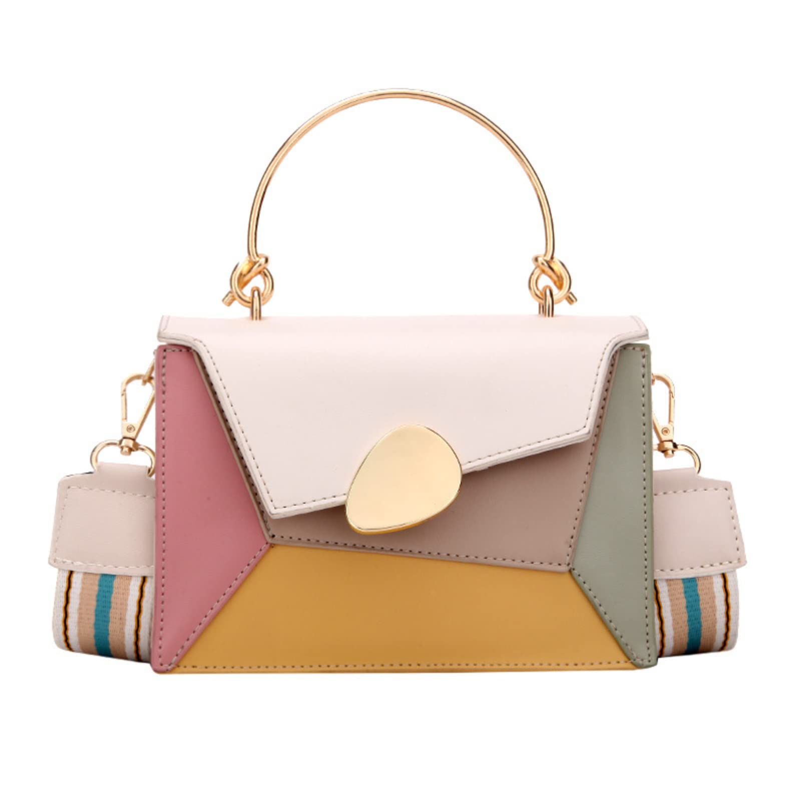 2022 Women Bag Flap PU Korean Lady Patchwork Hasp Chains Metal Handle Luxury Designer Bag Handbag Shouder Bag Wide Strap (White)