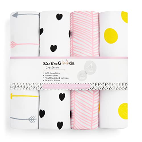 BaeBae Goods Crib Sheets for Baby Boys and Girls, 4 Pack, Soft and Breathable Jersey Knit Fitted Sheet Set, Cute Gender Neutral Nursery Mattress Bedding, Universal Fit (Gold Dots)