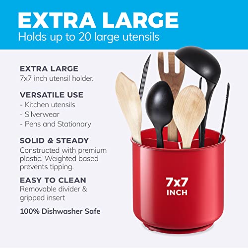 Extra Large Rotating Red Utensil Holder with Sturdy No-Tip Weighted Base, Removable Divider, and Gripped Insert | Rust Proof and Dishwasher Safe Kitchen Utensils Holder by Cooler Kitchen 7*7 Inches