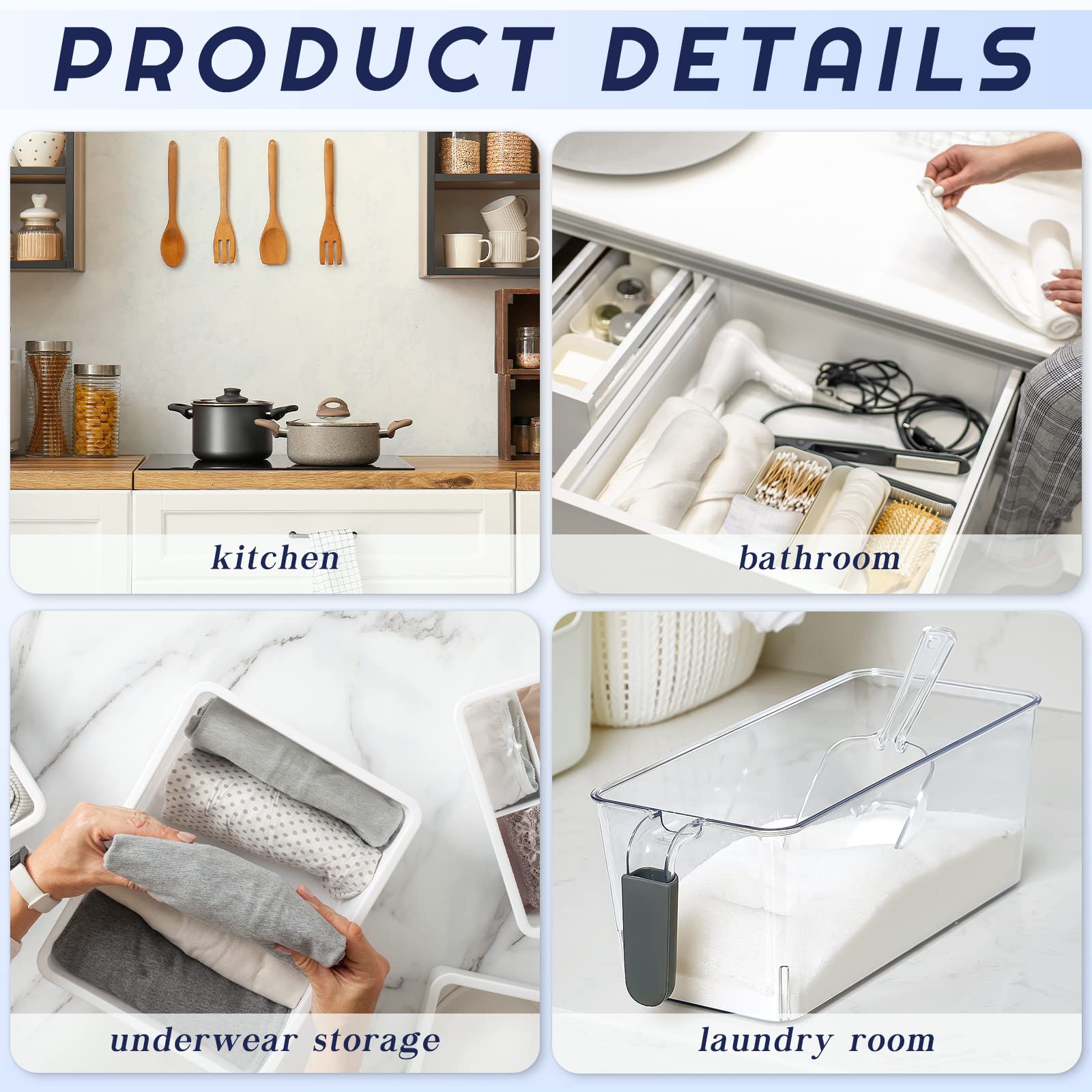 4 Set Clear Plastic Storage Bin with Scoop Clear Freezer Ice Bin with Pull out Handle Ice Container for Freezer Organizer Plastic Utility Ice Scoop Plastic Scoops for Dry Goods Kitchen Fridge Cabinet