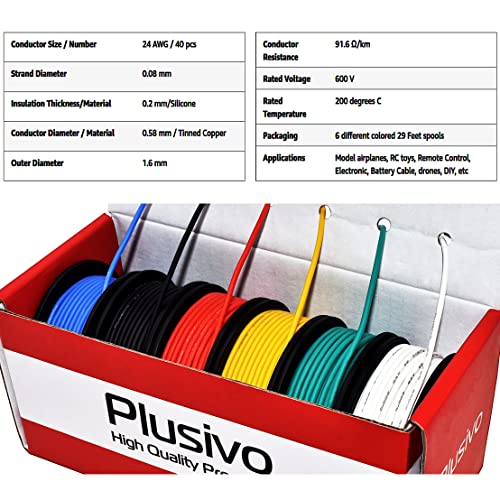 24 AWG Stranded Wire Kit β Silicone Coated Copper Wires 24 Gauge Pre-Tinned 30ft/9m Each Spool, 6 Colors (Black, Red, Yellow, Green, Blue, White), Electrical Jumper Wire Hook Up Wire Kit from Plusivo