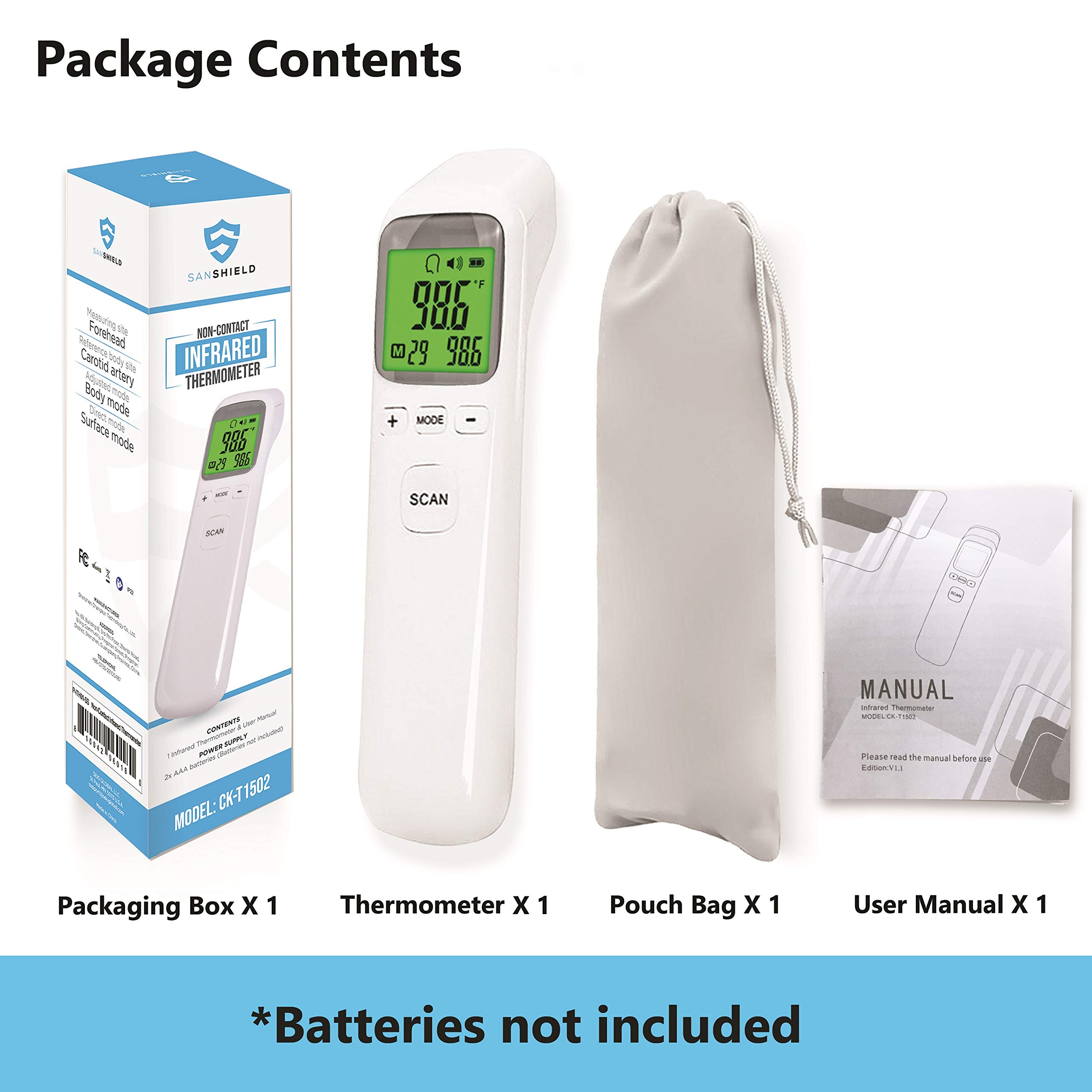 SANSHIELD Non-Contact Forehead Thermometer - Infrared Digital Thermometer for Adults Kids Elderly, Touchless Temperature Scanner for Fever with Body and Object Modes (Batteries NOT Included)