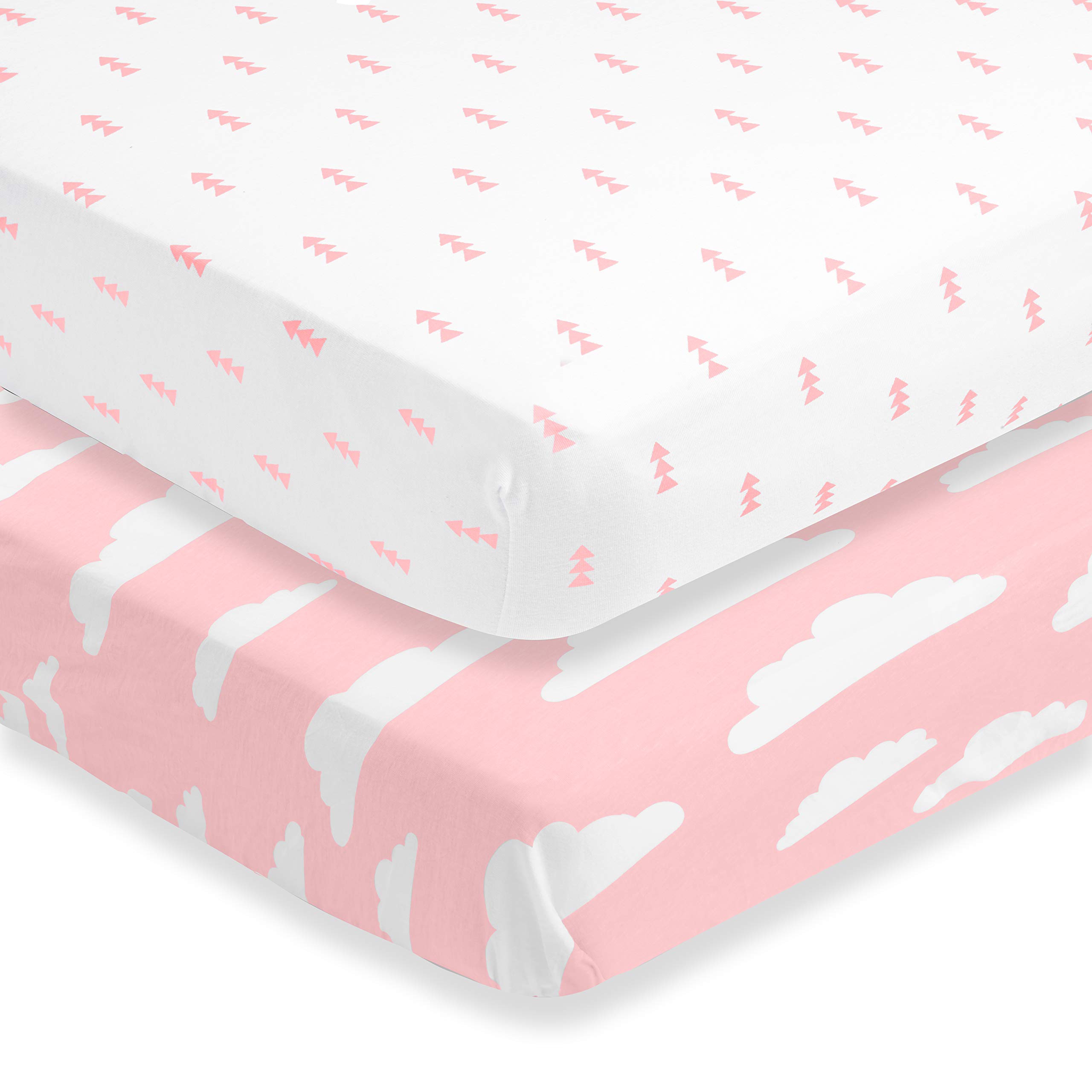 BaeBae Goods Premium Crib Sheets for Baby Girls, 4 Pack, Soft and Breathable Jersey Knit Fitted Sheet Set, Pink and White, Cute Girls Nursery Mattress Bedding, Universal Fit
