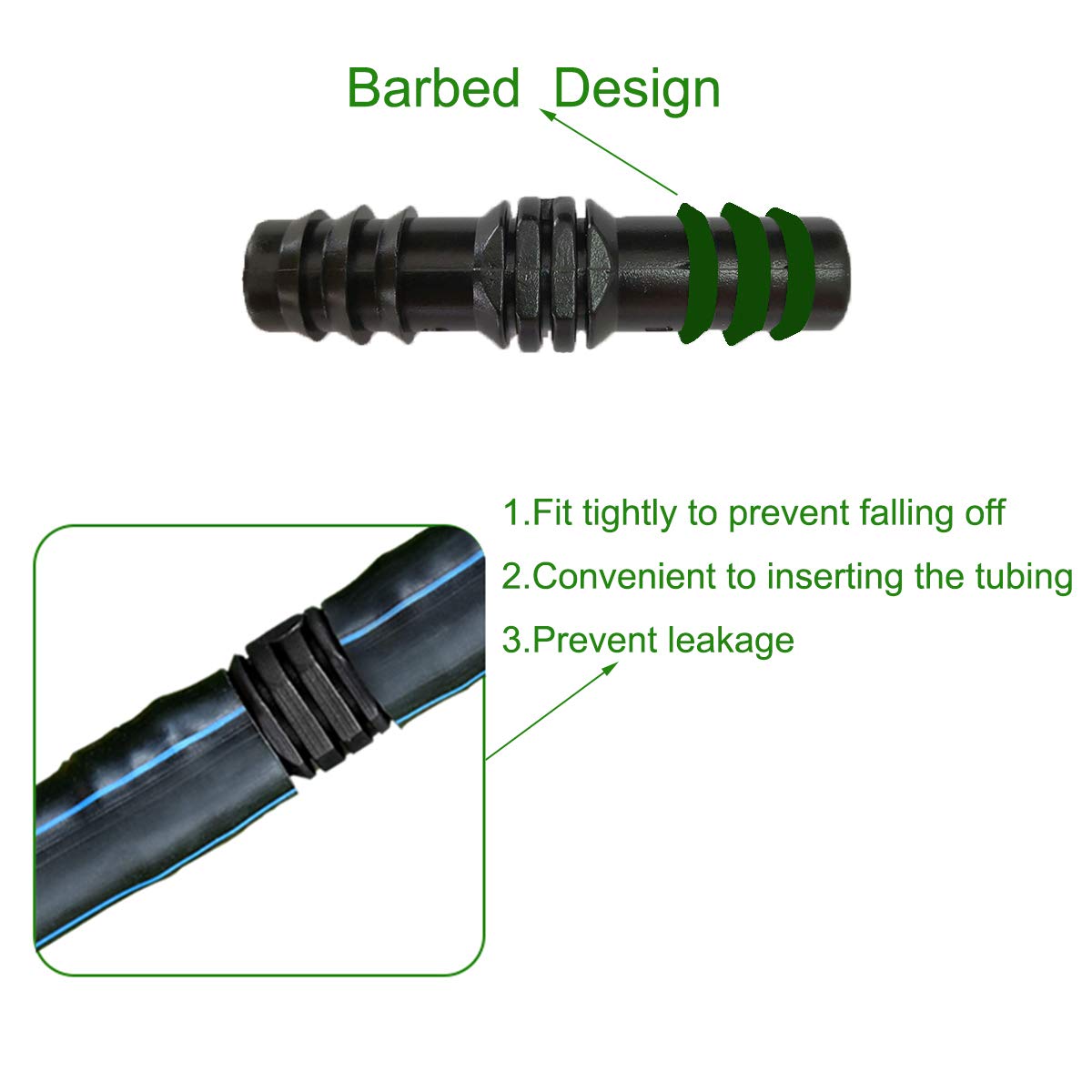 Drip Irrigation Fittings Kit, Irrigation Barbed Connectors for 1/2" Tubing 34 Piece - 2 Switch Valves, 8 Couplings, 8 Tees, 8 Elbows and 8 End Cap Plugs, Irrigation Water Hose Connector 1
