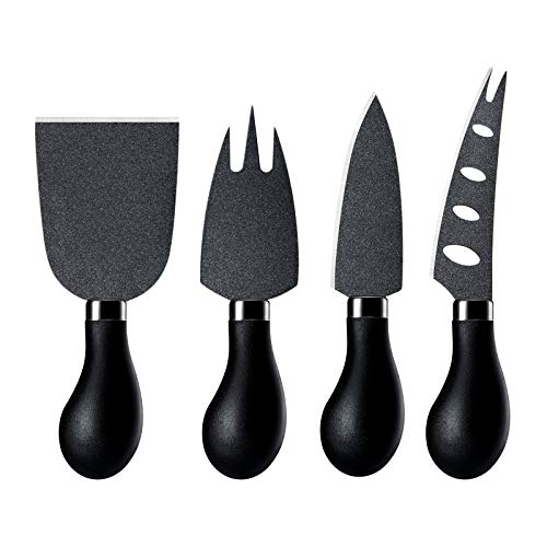 hecef Cheese Knife Set of 4, Non-Stick Coated Gift Set for Christmas, Anniversary, Party, Housewarming, Picnic, Birthdays, Wedding(Black)