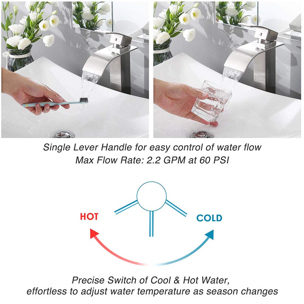 Aquaterior Waterfall Spout Single Handle Bathroom Vessel Sink Faucet with Mixer Tap One Hole Tall Bath RV Faucet Brushed Nickel(CUPC NSF CEC)